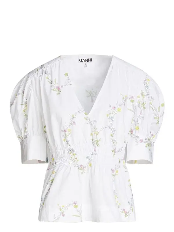 GANNI Shirred Floral-print Cotton-poplin Blouse - White