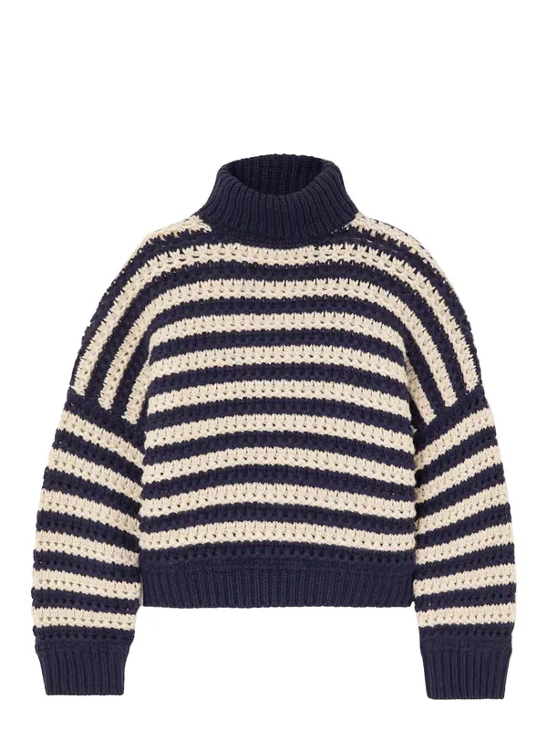 Brunello Cucinelli Striped Wool, Cashmere And Silk-blend Turtleneck Sweater - Blue