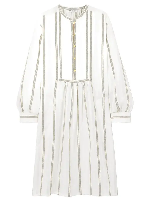 Loro Piana Pleated Striped Linen Midi Dress - Off-white