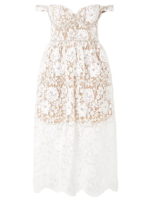 SELF-PORTRAIT Off-the-shoulder Crystal-embellished Corded Lace Midi Dress - White