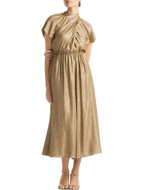 St. John Metallic Wrap Bodice Midi Dress - Gold