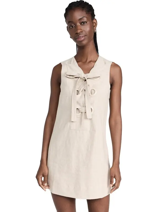 English Factory Linen Lace Up Front Dress - Tan