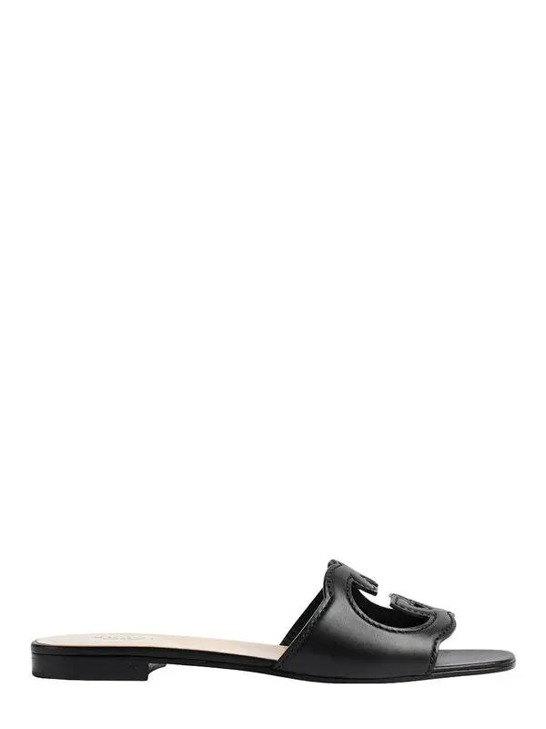 Gucci Leather Logo Cutout Flat Sandals - Black