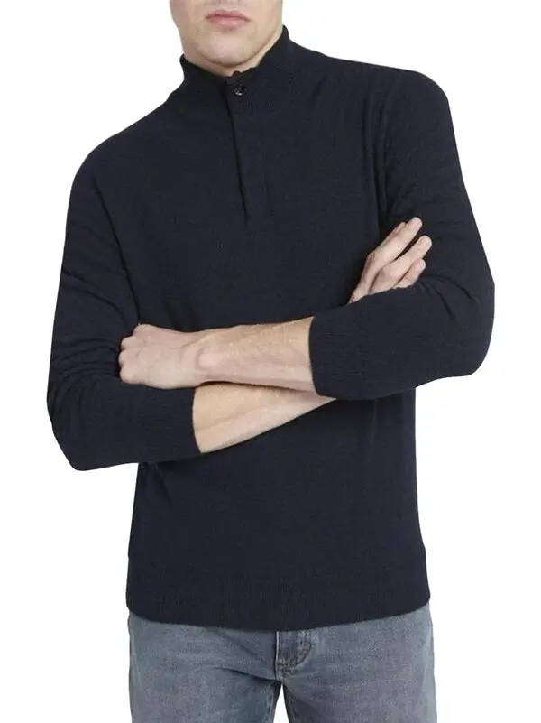 Zegna Oasi Cashmere Zip Mock Neck Sweater - Navy Solid