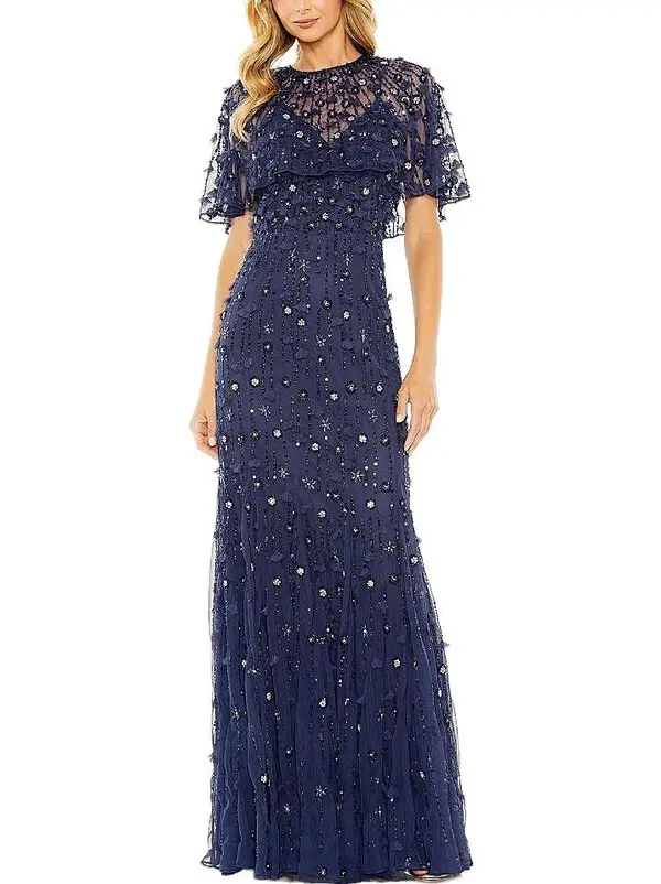 Mac Duggal Embellished Illusion Cape Sleeve Trumpet Gown - Midnight