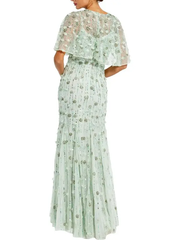 Mac Duggal Embellished Illusion Cape Sleeve Trumpet Gown - Sage