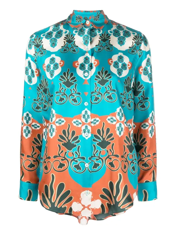 PAULA Patterned Jacquard Silk Shirt - Blue
