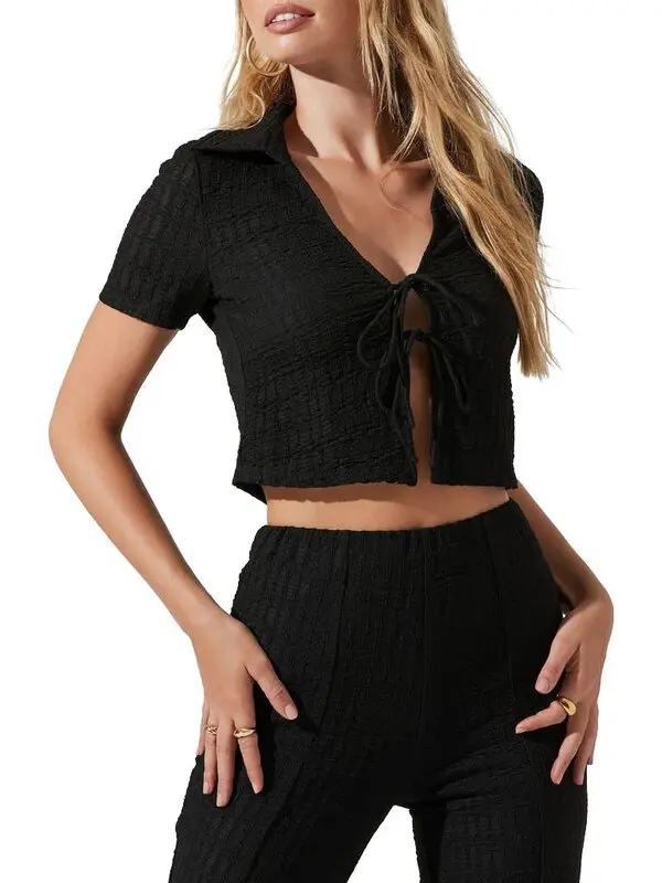 Astr The Label Zoey Textured Tie-front Crop Top - Black