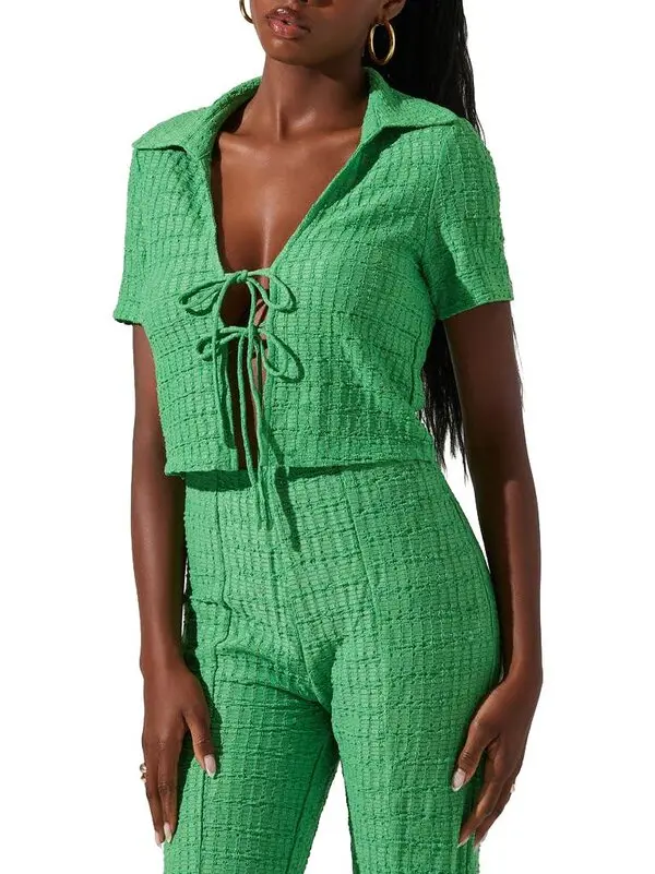 Astr The Label Zoey Textured Tie-front Crop Top - Green