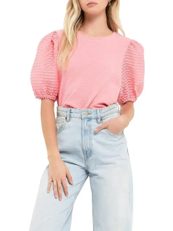 English Factory Textured Mixed Media Puff Sleeve Top - Pink