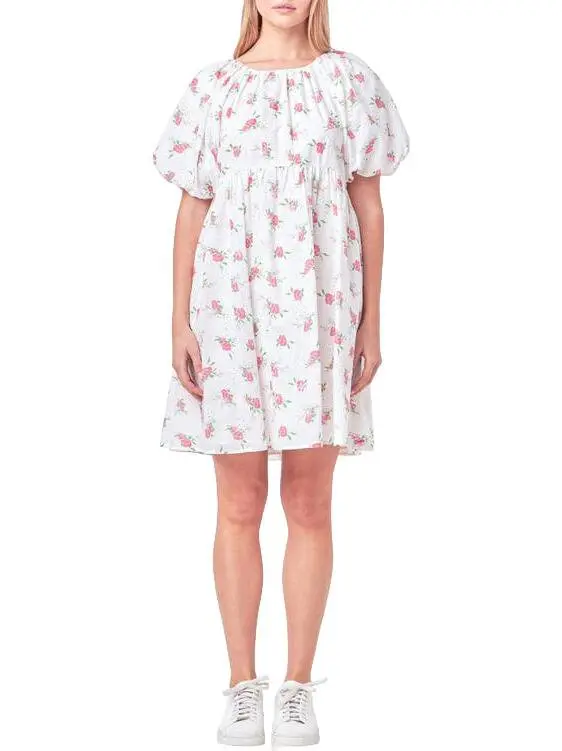 English Factory Floral Cotton Eyelet Babydoll Dress - White Multi