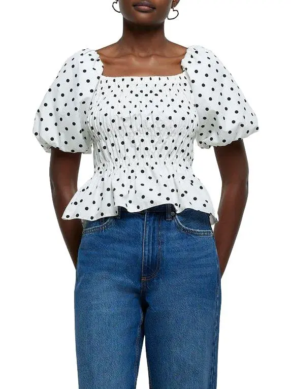 RIVER ISLAND Shirred Polka Dot Puff Sleeve Top - White