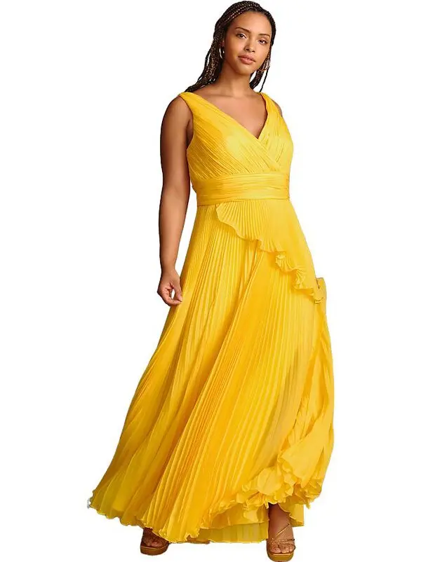 Mac Duggal Chiffon Pleated V-neck Ruffle Gown - Yellow