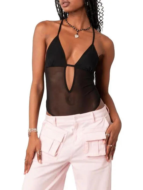 EDIKTED Alva Sheer Mesh Panel Bodysuit - Black