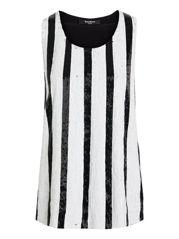 Balmain Embellished Striped Tulle Top - Black