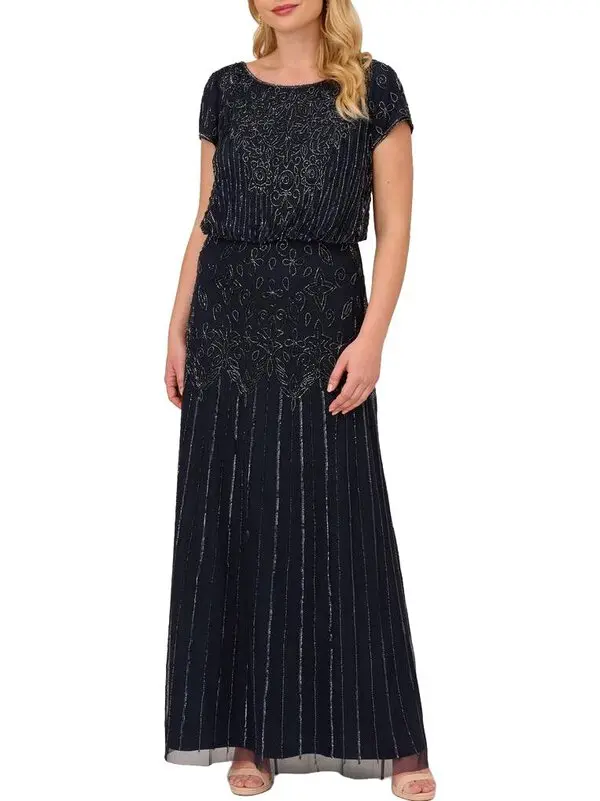 Adrianna Papell Beaded Blouson Gown - Navy
