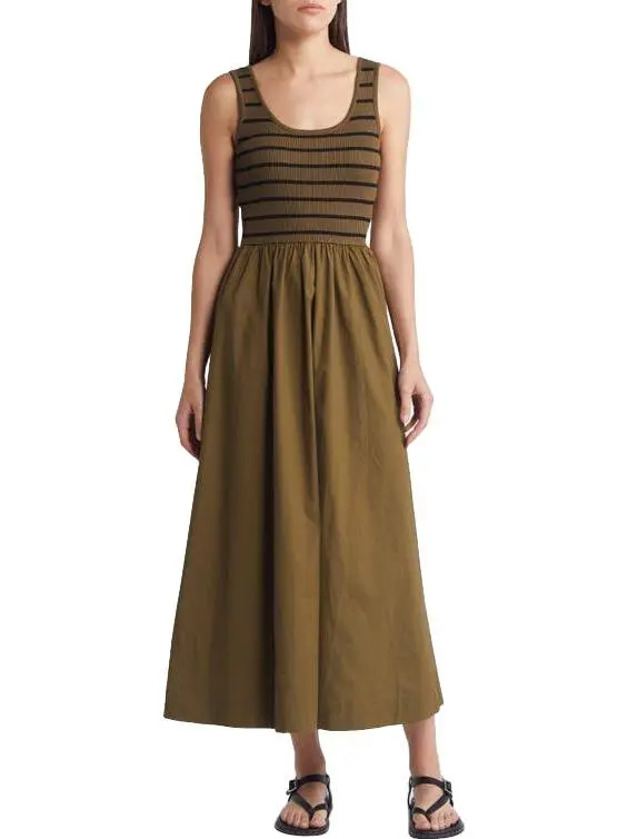 Moon River Ribbed Bodice Maxi Sundress - Olive/black