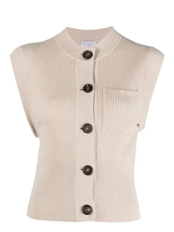 Brunello Cucinelli Ribbed Cashmere Vest With Monili Chain Detail - Neutrals