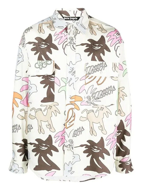 Palm Angels Graphic-print Long-sleeve Shirt - Neutrals