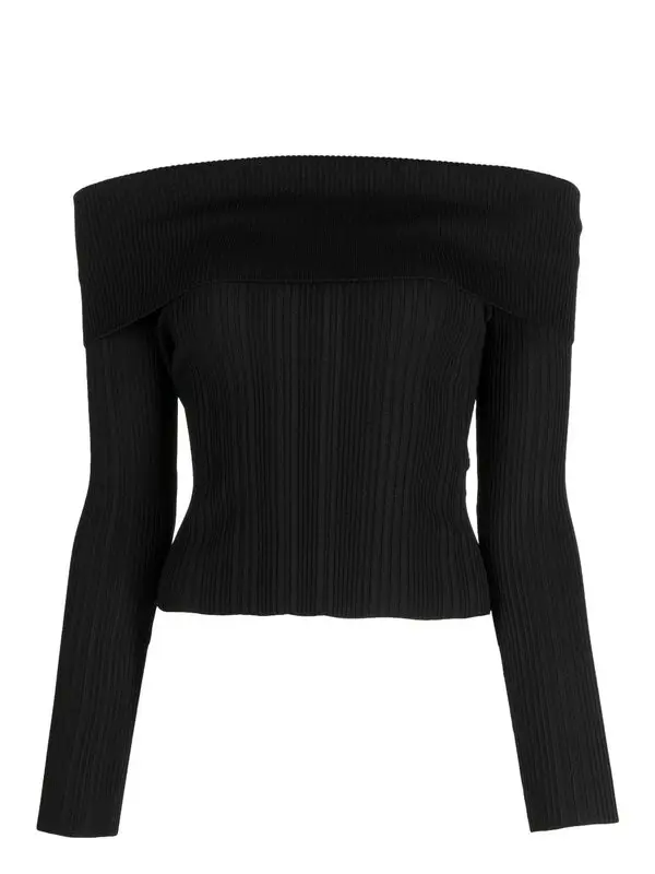 SELF-PORTRAIT Ribbed Off-shoulder Blouse - Black