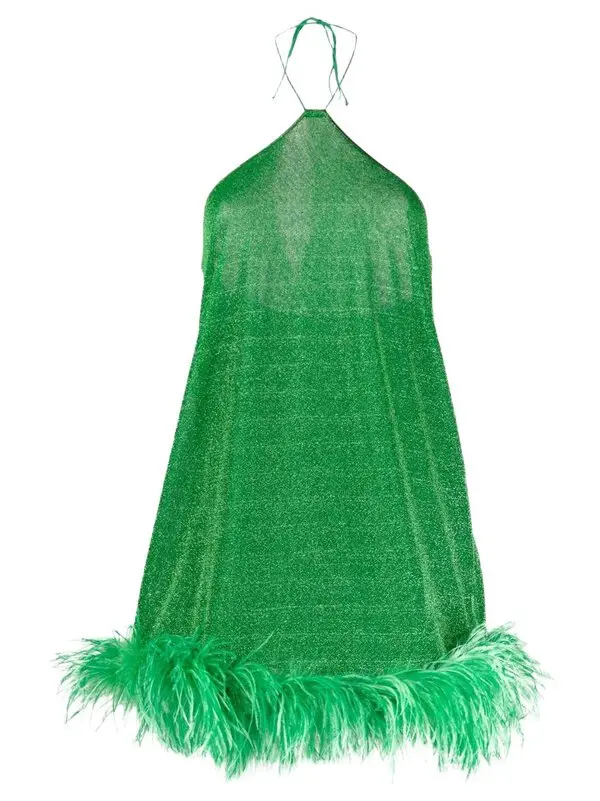 Oseree Lurex-detail Feather-trim Dress - Green