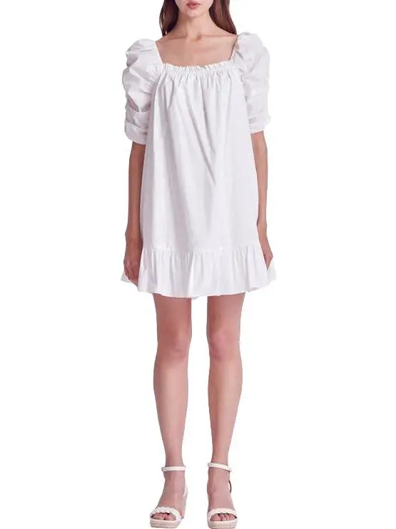English Factory Cotton Shift Mini Dress With Puff Sleeves - White