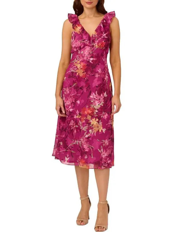 Adrianna Papell Floral Print Ruffle Dress - Raspberry Multi