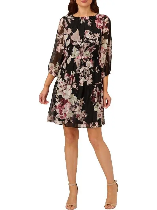 Adrianna Papell Floral Chiffon Knee Length Dress - Black Multi