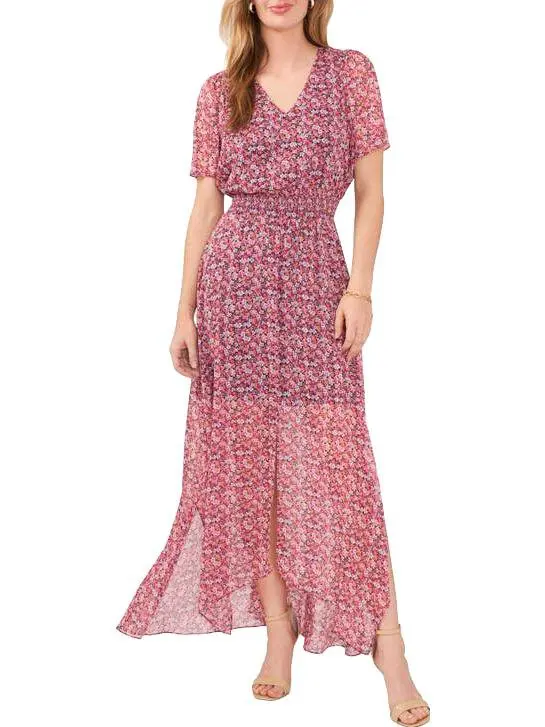 Chaus Floral Smocked Waist Flutter Sleeve Maxi Dress - Navy