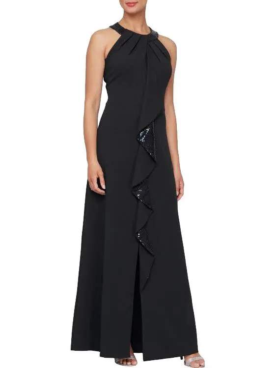 SL FASHIONS Sequin Halter Neck Ruffle Gown - Black