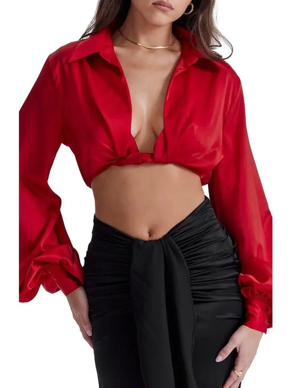 House Of Cb Laraine Stretch Silk Crop Blouse - Red Rose