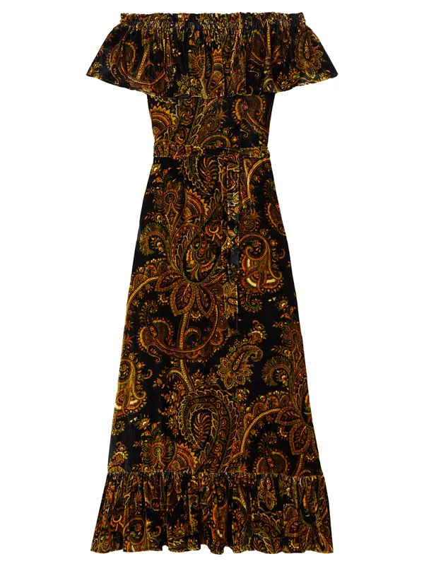 Etro Off-the-shoulder Belted Paisley-print Velvet Maxi Dress - Black