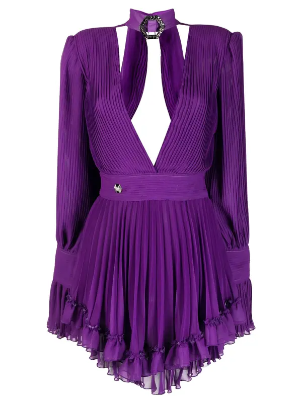 Philipp Plein Plunging V-neck Pleated Dress - Purple