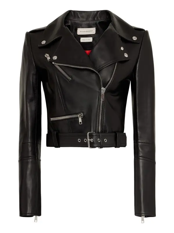 Alexander McQueen Cropped Leather Biker Jacket - Black