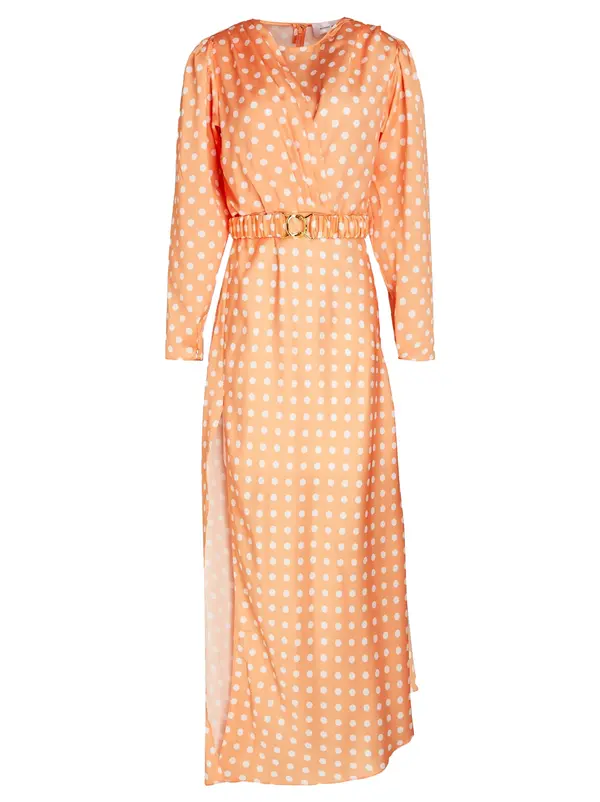 Ronny Kobo Carmen Pleated Polkadot Satin Maxi Dress - Pastel Orange