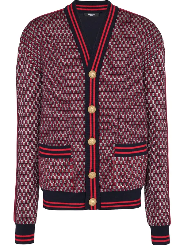 Balmain Monogram-print Checked Wool Cardigan - Red