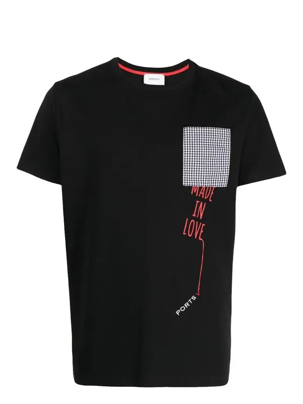 PORTS V Logo-embroidered Check-print T-shirt - Black