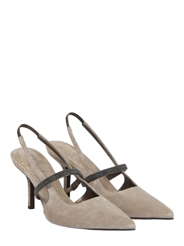Brunello Cucinelli Monili Suede Slingback Pumps - Brown