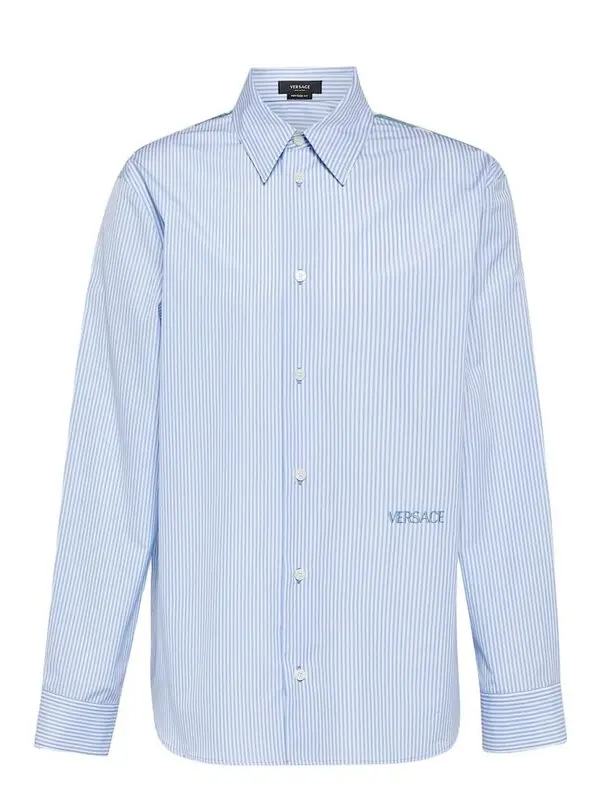 Versace Embroidered Pinstriped Cotton Shirt - Blue