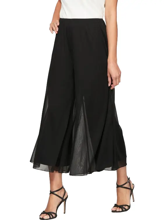 Alex Evenings Wide Leg Crop Mesh Panel Pants - Black