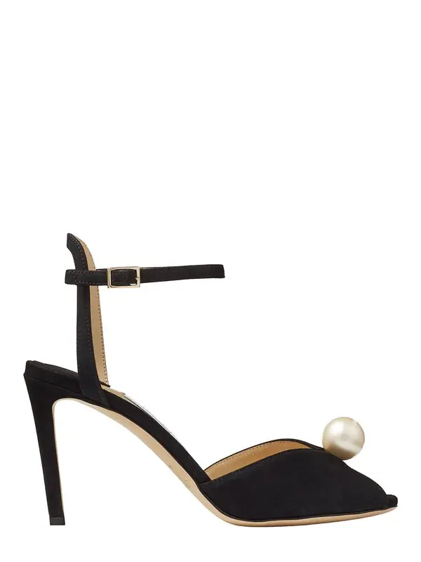 JIMMY CHOO Sacora 85 Suede Sandals With Pearl Embellishment - Black
