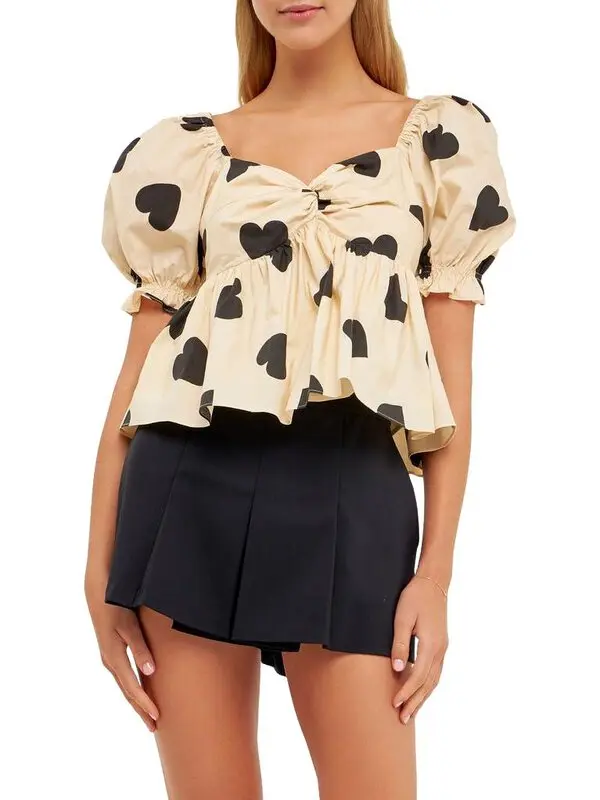 English Factory Heart Print Puff Sleeve Blouse - Beige/ Black