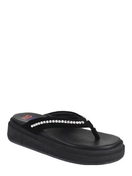 NATIONAL COMFORT Kayra Crystal Platform Flip Flop - Black Suede