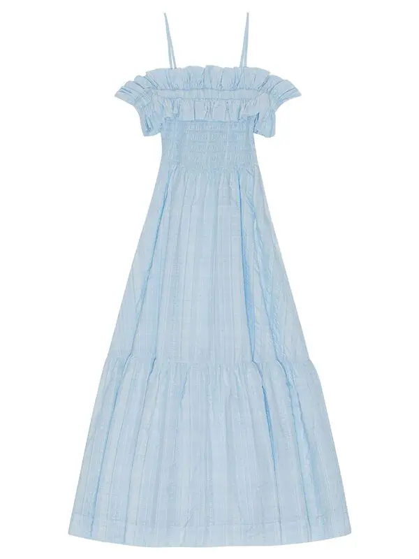 GANNI Seersucker Check Smock Maxi Dress - Blue