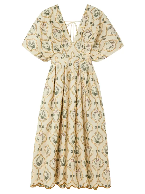 Agua Bendita Federica Embroidered Cotton-poplin Midi Dress - Yellow