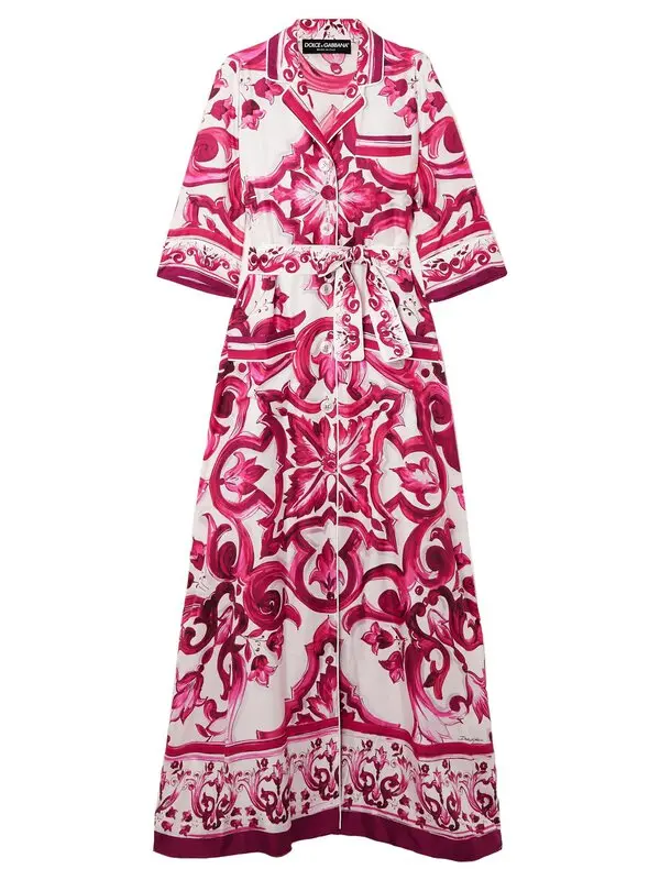 Dolce & Gabbana Maiolica Belted Printed Silk-twill Maxi Shirt Dress - Pink