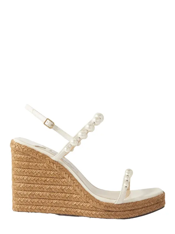 JIMMY CHOO Amatuus 110 Embellished Leather Espadrille Wedge Sandals - White