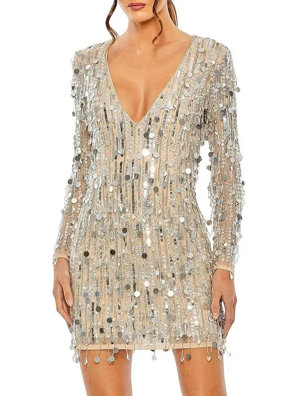 Mac Duggal Long-sleeve Beaded Fringe Minidress - Silver