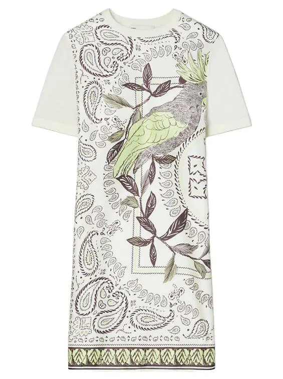 Tory Burch Printed Silk-front Sweater Dress - New Ivory/mint Cockatoo