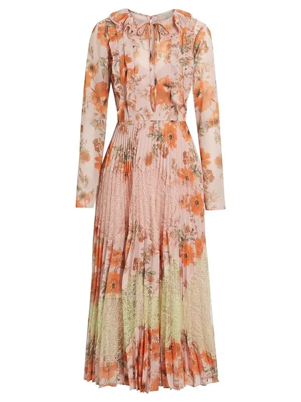MIKAEL AGHAL Corded Lace-paneled Floral-print Crepe De Chine Midi Dress - Blush